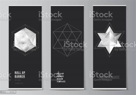 롤업 배너 스탠드 수직 전단지 플래그 디자인 비즈니스 템플릿의 벡터 레이아웃 3d 다각형 기하학적 현대 디자인 추상적 인 배경 과학 또는 기술 벡터 그림 3차원 형태에 대한