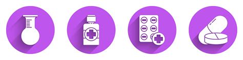 세트 테스트 튜브와 플라스크 약 시럽의 병 블리스터 팩에 알약 과 긴 그림자와 의학 알 약 또는 태블릿 아이콘 벡터 아이콘에 대한 스톡 벡터 아트 및 기타 이미지 Istock