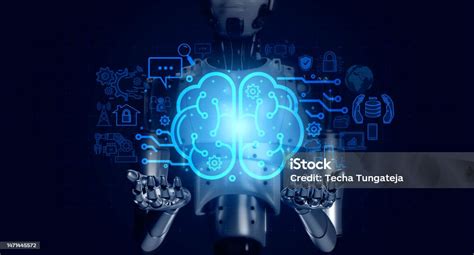 모든 스마트 기술 아이콘 파란색 배경에 디지털 요소를 보여주는 3d 렌더링 로봇으로 인공 지능의 두뇌 작업 인터페이스 및 네트워크 연결 개념에 로봇 사람 뇌에 대한 스톡