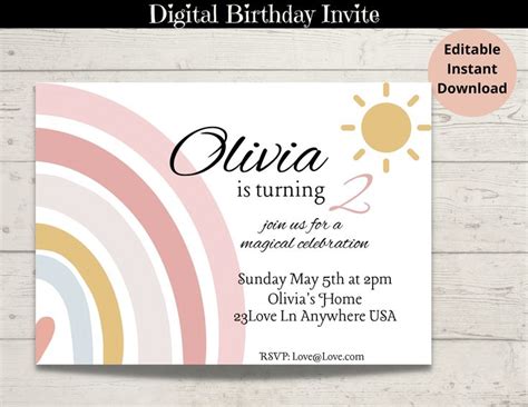 Rainbow Birthday Invite Editable Rainbow Birthday Invitation Rainbow
