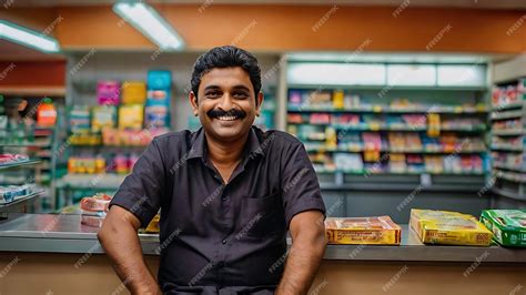 Portrait Of Indian Male Small Grocery Shop Owner Sitting At Cash