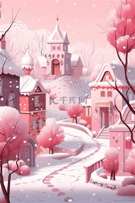 冬天唯美海报粉色小镇手绘插画图片 千库网