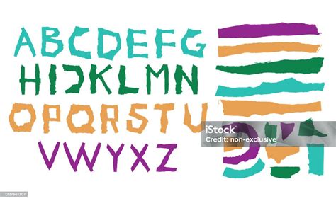 一組信頭 具有撕裂的撕破的紙張效果向量字母和紙條 形狀元素的海報 徽標 橫幅 圖示 筆記 剪貼簿白色隔離背景五顏六色的abc向量圖形及更多打字