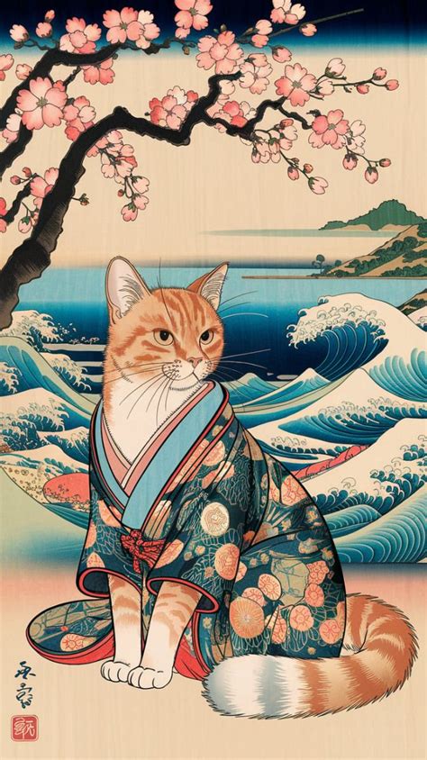 Majestic Cat In Kimono By The Sea ศิลปะญี่ปุ่น
