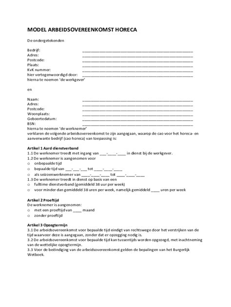 2017 2025 Formulier Nl Horeca Model Arbeidsovereenkomst Online Invullen Afdrukbaar Invulbaar