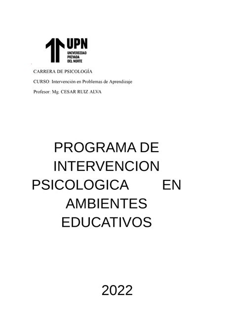 Modelo De Programa De Intervencion 22 Carrera De PsicologÍa Curso