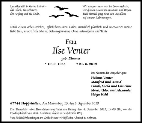 Traueranzeigen Von Ilse Venter Rz Trauer De