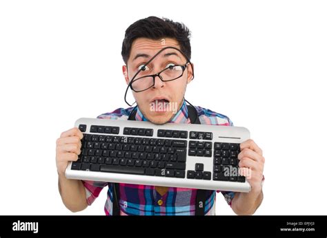 Computer Nerd With Keyboard Isolated On White Stock Photo Alamy