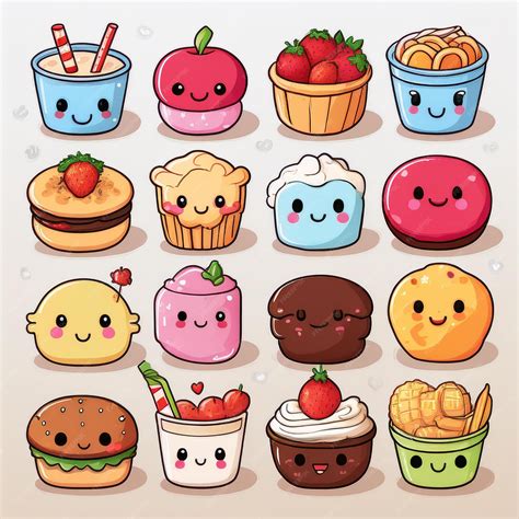 Set Of Cute And Funny Kawaii Food And Drink Clip Art Hand Drawn Kawaii