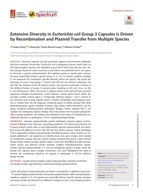 PDF Extensive Diversity In Escherichia Coli Group Capsules Is Driven By Recombination And