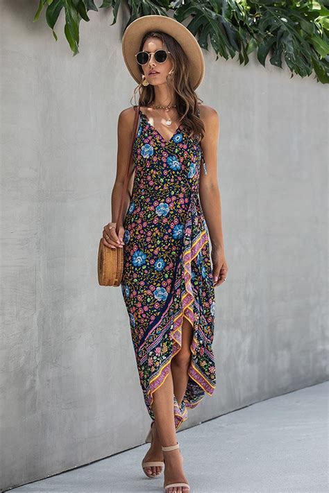 Floral Spaghetti Strap Dress With V Neck Design