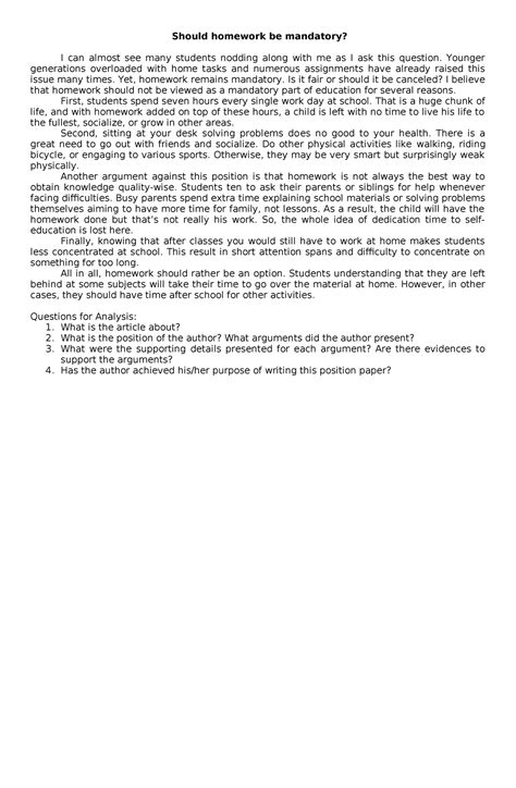Sample Position Paper Should Homework Be Mandatory I Can Almost See