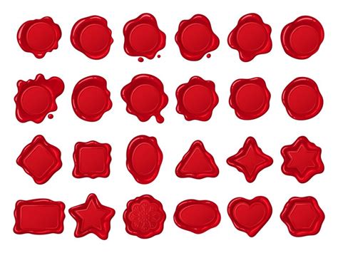 만화 왁 스 스탬프 빈티지 우표 인감 빨간색 왁 스 레이블 표시 중세 게시물 인장 플랫 벡터 일러스트 세트 우편 파라핀 우표