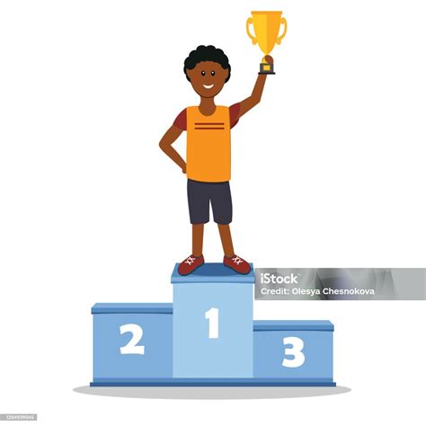 상금 골드 컵 플랫 디자인 장식 배너 포스터의 스타일로 컬러 벡터 일러스트를 들고 첫 번째 장소에서 연단에 남성 선수 1위에 대한 스톡 벡터 아트 및 기타 이미지 Istock