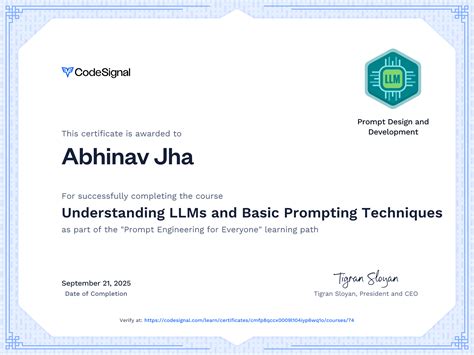 Course Certificate For Understanding Llms And Basic Prompting