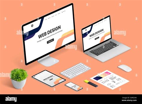 Responsive Web Design Studio Page Presentation Concept Isometric View Of Designer Work Desk