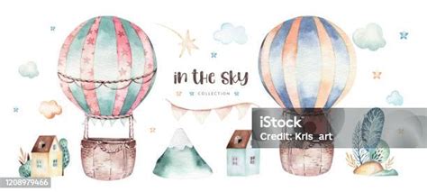 풍선 아기 만화 귀여운 조종사 항공 일러스트의 수채화 세트 멋진 하늘 수송 풍선과 구름의 유치한 소년 패턴 그것은 베이비 샤워 일러스트입니다 관광에 대한 스톡 벡터 아트 및