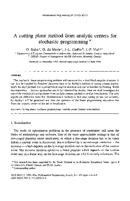 Pdf A Cutting Plane Method From Analytic Centers For Stochastic