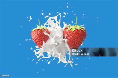 파란색 배경에 딸기 과일이있는 폭발 액체 밀크 크림 3d 렌더링 우유에 대한 스톡 사진 및 기타 이미지 우유 폭발 3차원 형태 Istock