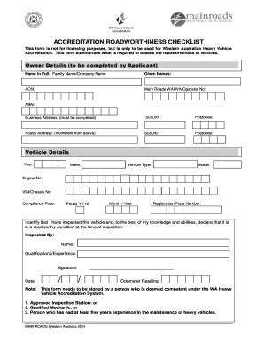 Accreditation Roadworthiness Checklist Fill Online Printable