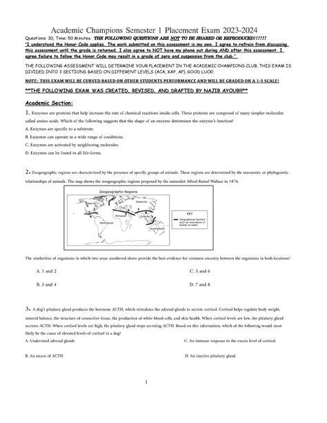 Biology Exam Practice Academic Champions Semester 1 Placement Exam