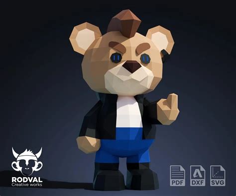 Punk Teddy Bear Papercraft Template Diy Paper Low Poly Cute