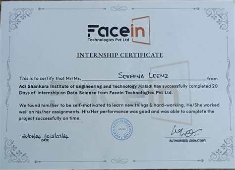 sereena leemz on linkedin datascience internship achievement