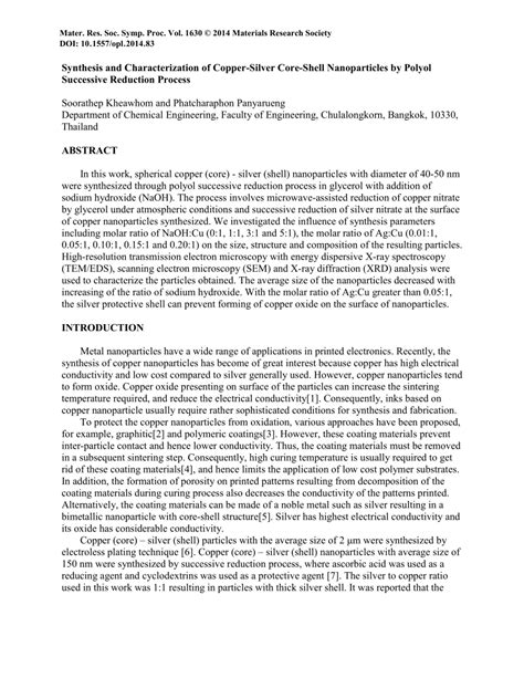 Pdf Synthesis And Characterization Of Copper Silver Core Shell Nanoparticles By Polyol