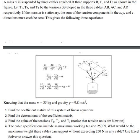 Solved A Mass M Is Suspended By Three Cables Attached At Chegg