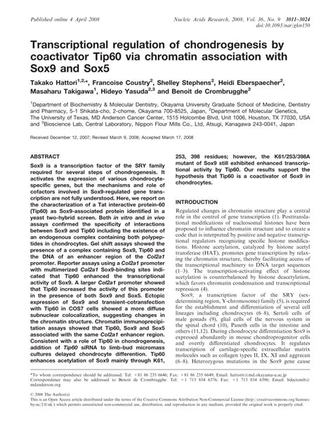 Pdf Transcriptional Regulation Of Chondrogenesis By Coactivator Tip60