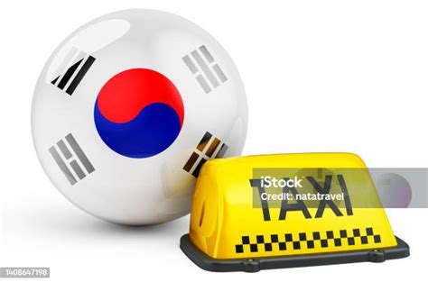 한국 개념의 택시 서비스 한국 국기가있는 노란색 택시 자동차 간판 3d 렌더링 기에 대한 스톡 사진 및 기타 이미지 기