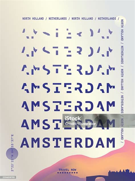 암스테르담 타이포그래피 미니멀리스트 벡터 포스터 레이아웃 브로셔 전단지 전단지 텍스트와 광고 이미지 템플릿 네덜란드 도시에 대 한 여러 가지 빛깔 이벤트 축제 표지 그래픽