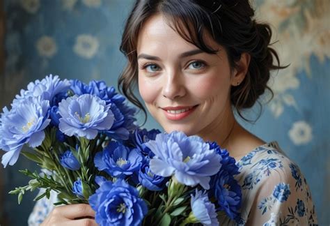 A Woman Holding A Bouquet Of Flowers With The Words Quot Blue Quot On