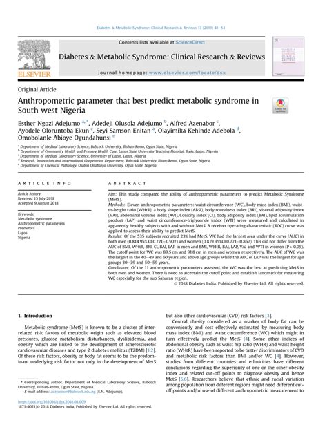 Pdf Anthropometric Parameter That Best Predict Metabolic Syndrome In