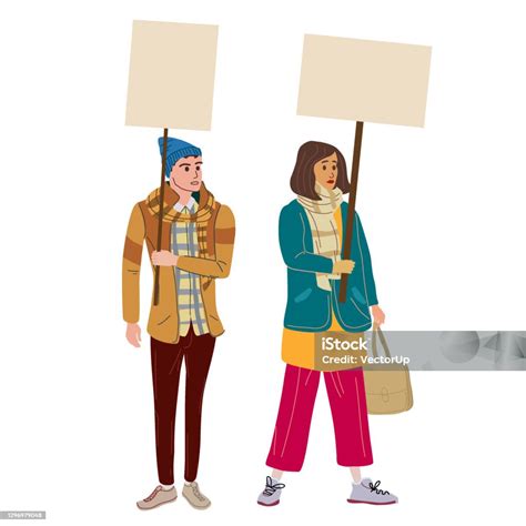 빈 현수막을 들고 있는 부부 시위대 남녀 시위 정치 회의 인권 파업 운동가 벡터 그림 격리 Revolution에 대한 스톡 벡터 아트 및 기타 이미지 Istock