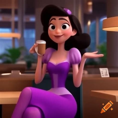Disney Pixar Style Young Woman In Purple Dress At Modern Café Green