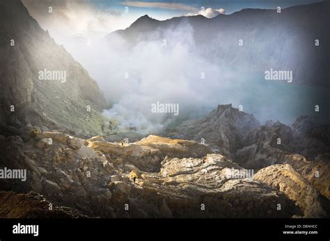 Sulfur Mining At The Kawah Ijen Volcano In East Java Indonesia Stock