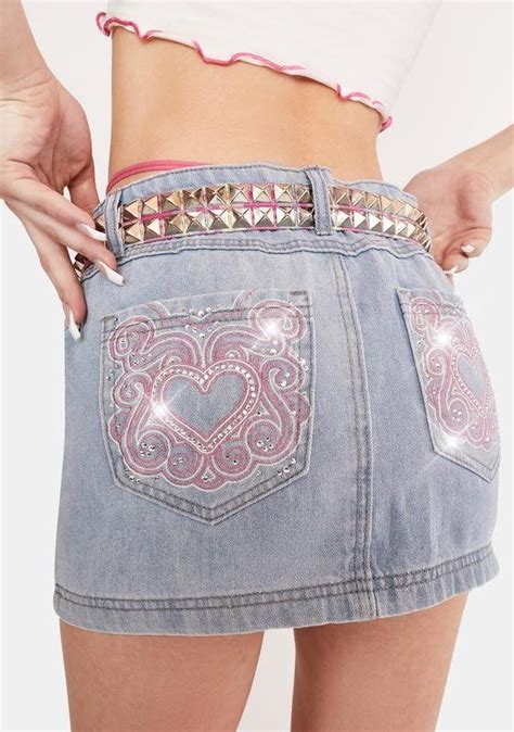 Horoscopez Aries Rhinestone Heart Denim Skirt Blue Dolls Kill