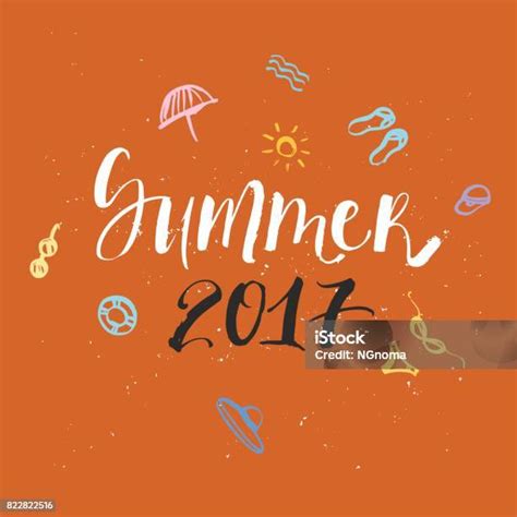 낙서 드로잉와 오렌지 배경에 글자를 여름 벡터 손 인사말 카드 포스터 파티 초대장에 대 한 그림을 그려 개념 기호에 대한 스톡 벡터 아트 및 기타 이미지 Istock