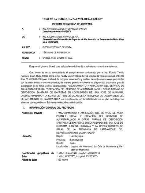 Informe Técnico 001 Fmdl Pdf Saneamiento Agua