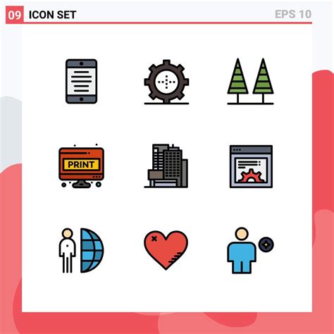 Set Of 9 Vector Filledline Flat Colors On Grid For Screen Page Paper Eco Doc Tree Editable