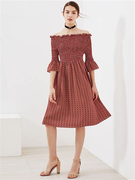 Boat Neckline Bell Sleeve Pleated Dress Shein Sheinside
