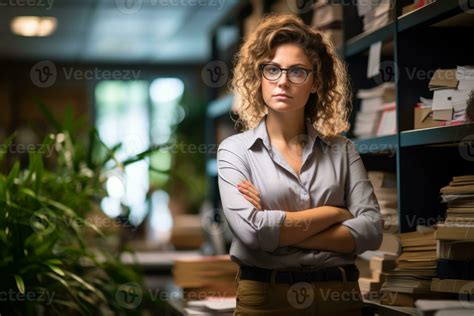 A Woman In Glasses Standing In Front Of Bookshelves Generative Ai