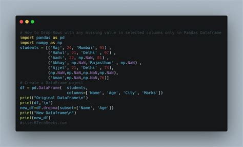 Pandas Drop Rows With Nanmissing Values In Any Or Selected Columns Of