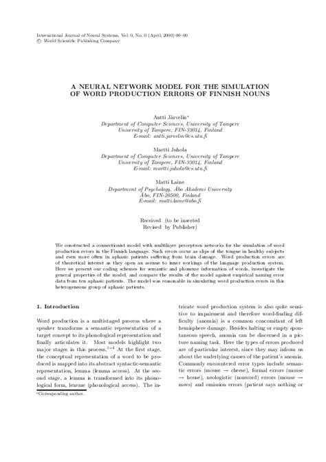 Pdf A Neural Network Model For The Simulation Of Word Production Errors Of Finnish Nouns