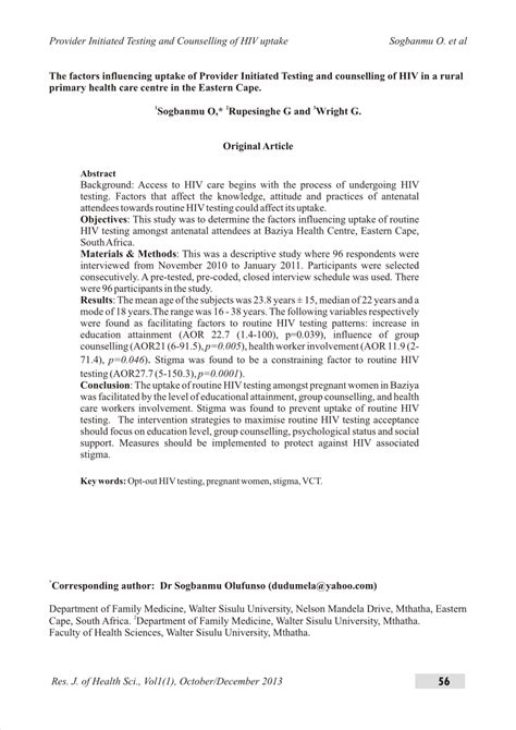 Pdf The Factors Influencing Uptake Of Provider Initiated Testing And Counselling Of Hiv In A