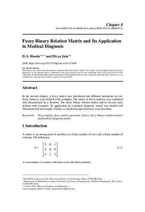 Pdf Fuzzy Binary Relation Matrix And Its Application In Medical Diagnosis