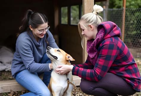 Duas mulheres acariciando um cão na frente de uma estrutura de madeira