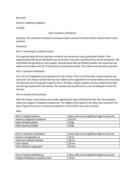 Lab 4 Postlab Lab Assignment Riya Shah Partners Matthew Matthew 212 Lab 4 Synthesis Of