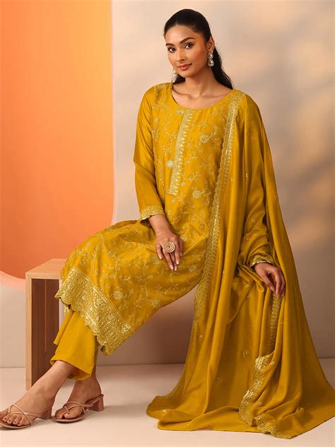 Buy Mustard Embroidered Silk Blend Straight Suit Set With Dupatta